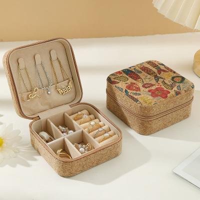 China Premium Cork Jewelry Box 10x10x5cm Portable Travel Storage for Earrings Rings Necklaces for sale