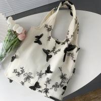 China Embroidered Black Butterfly Canvas Tote Bag 60x42cm Large Capacity Lace Fairy Travel for sale