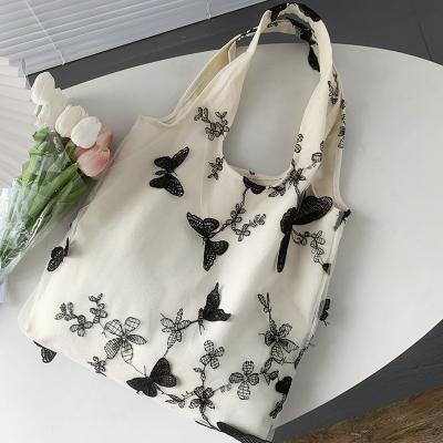 China Embroidered Black Butterfly Canvas Tote Bag 60x42cm Large Capacity Lace Fairy Travel for sale