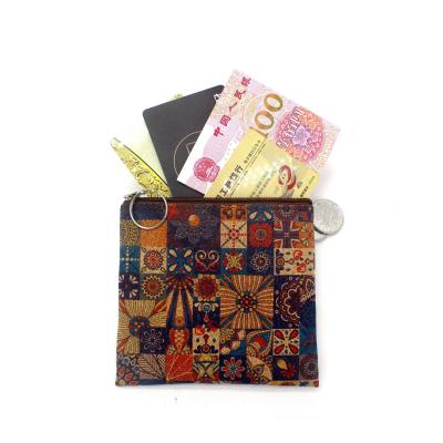 China Vintage Wood Print Cork Coin Purse 12x11cm Woven Fabric Small Square Clutch Bag with Zipper for sale