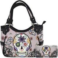 China Gothic Skull Floral Vegan Leather Handbag Shoulder Bag Wallet Set 13 inch for sale