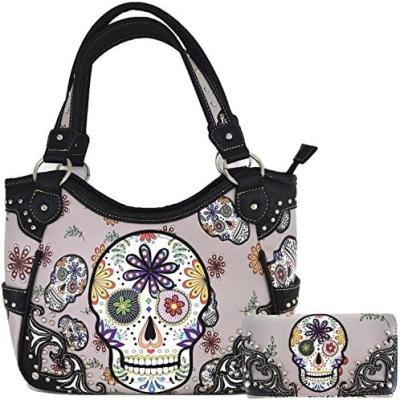 China Gothic Skull Floral Vegan Leather Handbag Shoulder Bag Wallet Set 13 inch for sale