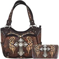 China Western Rhinestone Cross Studded Laser Cut Wings Leather Handbag Shoulder Bag 14x9x5 inch for sale
