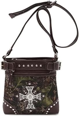 China Camouflage Rhinestone Cross Pistol Buckle Western Crossbody Handbag 10x9.75x2.85in Vegan Leather for sale