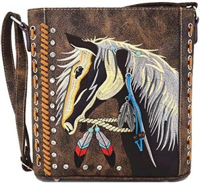 China Western Style Horse Purse Embroidered Floral Rhinestone Crossbody Handbag 10x9.85x2.85 Inch for sale