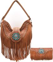 China Western Style Fringe Conchos Rhinestone Studded Braided Leather Handbag Wallet Set 13x8x3.5 Inch for sale