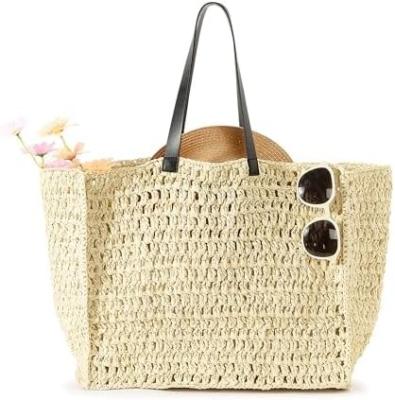 China Handmade Straw Tote Handbag for Women 14.5 Inch Large Summer Beach Woven Shoulder Purse for sale