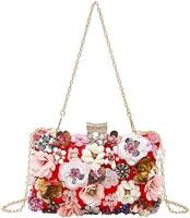 China Women Satin Floral Clutch Purse Evening Bag 7.88x2.37x4.73 Inch Detachable Chain Shoulder Bag for sale