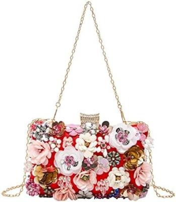 China Women Satin Floral Clutch Purse Evening Bag 7.88x2.37x4.73 Inch Detachable Chain Shoulder Bag for sale