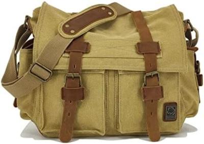China Vintage Canvas Leather Messenger Bag 15 Inch Laptop 10L Capacity Retro Military Style for sale