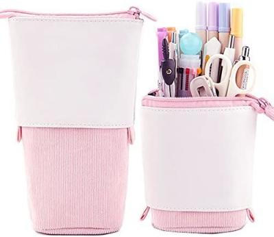 China Telescopic Pencil Bag PU Corduroy Stand-up Retractable Pen Case 7.28x4.92x3.35 Inch Stationery Organizer for sale