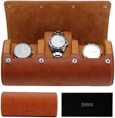 China Premium Faux Leather Watch Travel Case Roll for 3 Watches Brown Gift Box Packaging for sale