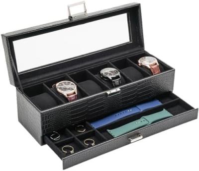 China ProCase 6 Slot Watch Box Organizer with Drawer for Men, 12.8x4.3x4.3 Inch Glass Top Display Case for sale