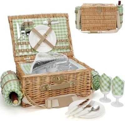 China Wicker Picnic Basket for 4 Persons 16x12x7.5 Inch with Insulated Compartment and Picnic Blanket for sale