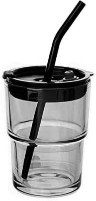 China 13oz 400ml Double Wall Insulated Glass Tumbler with Straw and Lid for Coffee Iced Tea for sale