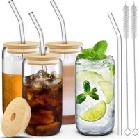 China 4 Pack 16 oz Borosilicate Glass Cups with Bamboo Lids and Straws Iced Coffee Set for sale
