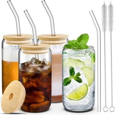 China 4 Pack 16 oz Borosilicate Glass Cups with Bamboo Lids and Straws Iced Coffee Set for sale