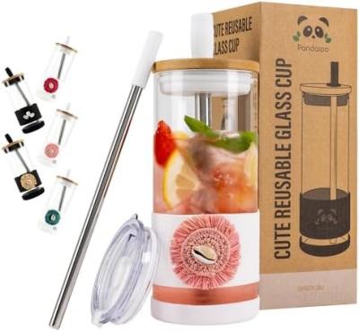 China Borosilicate Glass Cups with Lids and Straws 20 oz Iced Coffee Smoothie Tumbler Set for sale