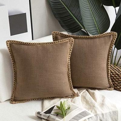 China Phantoscope Pack of 2 Farmhouse Decorative Throw Pillow Covers 18x18 Inch Burlap Linen Trimmed for sale