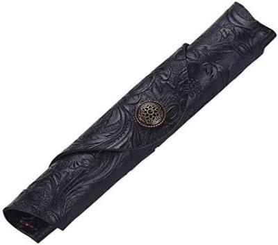 China Vintage Handmade Leather Single Pen Case Holder Cowhide Fountain Pen Sleeve 7.1x1.2 inch Black Carved for sale