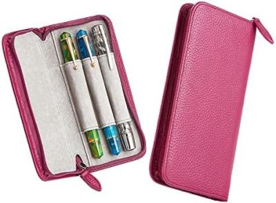 China Genuine Leather Fountain Pen Case 3 Slot Zippered Pouch 17x8.5x2.1cm Black for sale