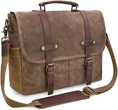 China 15.6 Inch Waterproof Vintage Genuine Leather Waxed Canvas Laptop Briefcase Rugged Satchel Bag for sale