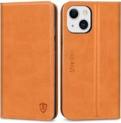China Genuine Leather Wallet Case for iPhone 13 Mini RFID Blocking 3 Card Slots Magnetic Closure for sale