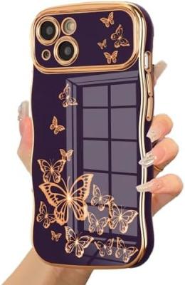 China iPhone 13 Girl Phone Case Curly Wave Frame Luxury Plated Butterfly Pattern TPU Gold Rim Shockproof Lens Protection for sale