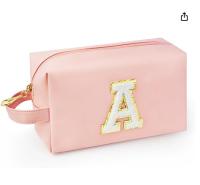 China Personalized Initial PU Leather Makeup Bag 9.1x4.3x5.1 Inch with Handle and Inner Zipper Pocket for sale