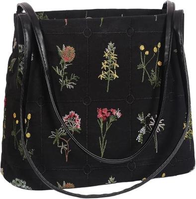 China Floral Embroidered Canvas Tote Bag for Women 11x9x4 inch PU Handle Handbag for sale