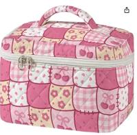 China Large Quilted Makeup Bag Vintage Sewing Pattern Cosmetic Travel Case for Women Patchwork Aesthetic Toiletry Organizer with Handle Skincare Brushes Accessories for sale