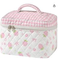 China Large Quilted Makeup Bag Vintage Sewing Pattern Cosmetic Travel Case for Women Patchwork Aesthetic Toiletry Organizer with Handle Skincare Brushes Accessories for sale