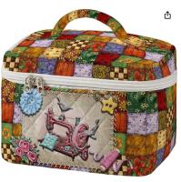 China Large Quilted Makeup Bag Vintage Sewing Pattern Cosmetic Travel Case for Women Patchwork Aesthetic Toiletry Organizer with Handle Skincare Brushes Accessories for sale