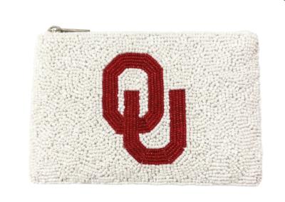 China Double Sided Beaded Crimson OU Coin Bag Lightweight Secure Zip Closure Stadium Sized Approved Game Day Accessory for sale