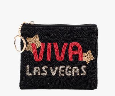 China Durable coin bag with detailed glass and acrylic beadwork front and back secure zip closure and gold tone key ring perfect for everyday for sale