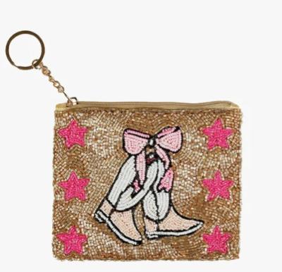 China Ricki Beaded Coin Bag with Front and Back Beadwork Secure Zip Closure and Gold Tone Key Ring for Convenient Coin Storage for sale