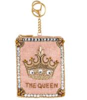 China Crowned Jewel Coin Purse Soft pink beaded coin bag with glittering gold crown zipper closure easy open trigger hook key ring and credit card fitting compact design for sale
