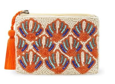 China America & Beyond Seashell Pattern Beaded Coin Pouch || Hand-Beaded Shell Purse|| Zip Coin Purse for Women|| Coastal Mini Pouch for sale