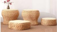China Handwoven Natural Rattan Storage Stool Ottoman Box Eco-Friendly Seat Pad 40x40x40cm for sale