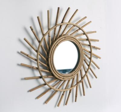 China Handmade Woven Rattan Wall Mirror Natural Willow Wood Frame Home Decor 60cm for sale
