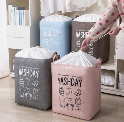China Custom Cotton Canvas Kids Storage Bin Foldable Laundry Basket Set 30L for sale