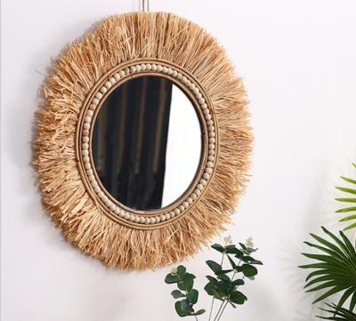 China Natural Handmade Decorative Wall Rattan Mirror Modern Luxury Willow Wicker Home Decor 60cm for sale