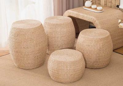 China Eco-Friendly Hand-Woven Rattan Storage Stool Ottoman Box 40x40x45cm Natural Grass Seat for sale
