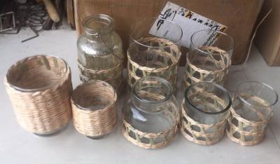 China Seagrass Bottle Carrier Wicker Detox Bottle Holder Glass Cup Holder 2 Pack for sale