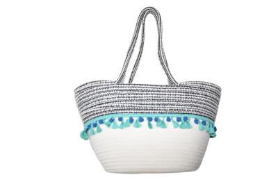 China Eco Friendly Cotton Canvas Straw Beach Tote Bag 40x30cm Handmade Bohemian Shopping Bag for sale