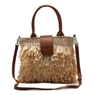 China Eco Friendly Cotton Canvas Straw Beach Tote Bag 40x30cm Handmade Bohemian Shopping Bag for sale
