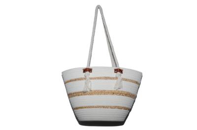 China Eco Friendly Cotton Canvas Straw Beach Tote Bag 40x35cm Handmade Bohemian Shopping Bag for sale