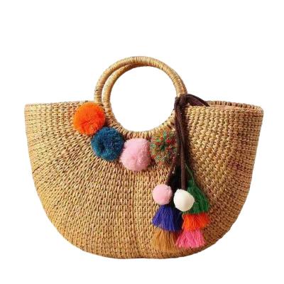 China Eco Friendly Cotton Canvas Straw Beach Tote Bag 40x30cm Handmade Bohemian Shopping Bag for sale