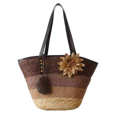 China Handmade Bohemian Straw Beach Tote Bag Cotton Canvas Shopping Bag 40x30cm Eco Friendly for sale