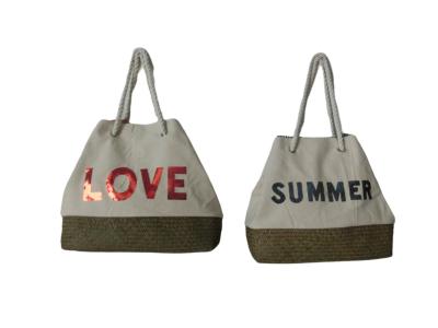 China Eco Friendly Cotton Canvas Straw Beach Tote Bag 40x30cm Handmade Bohemian Shopping Bag for sale